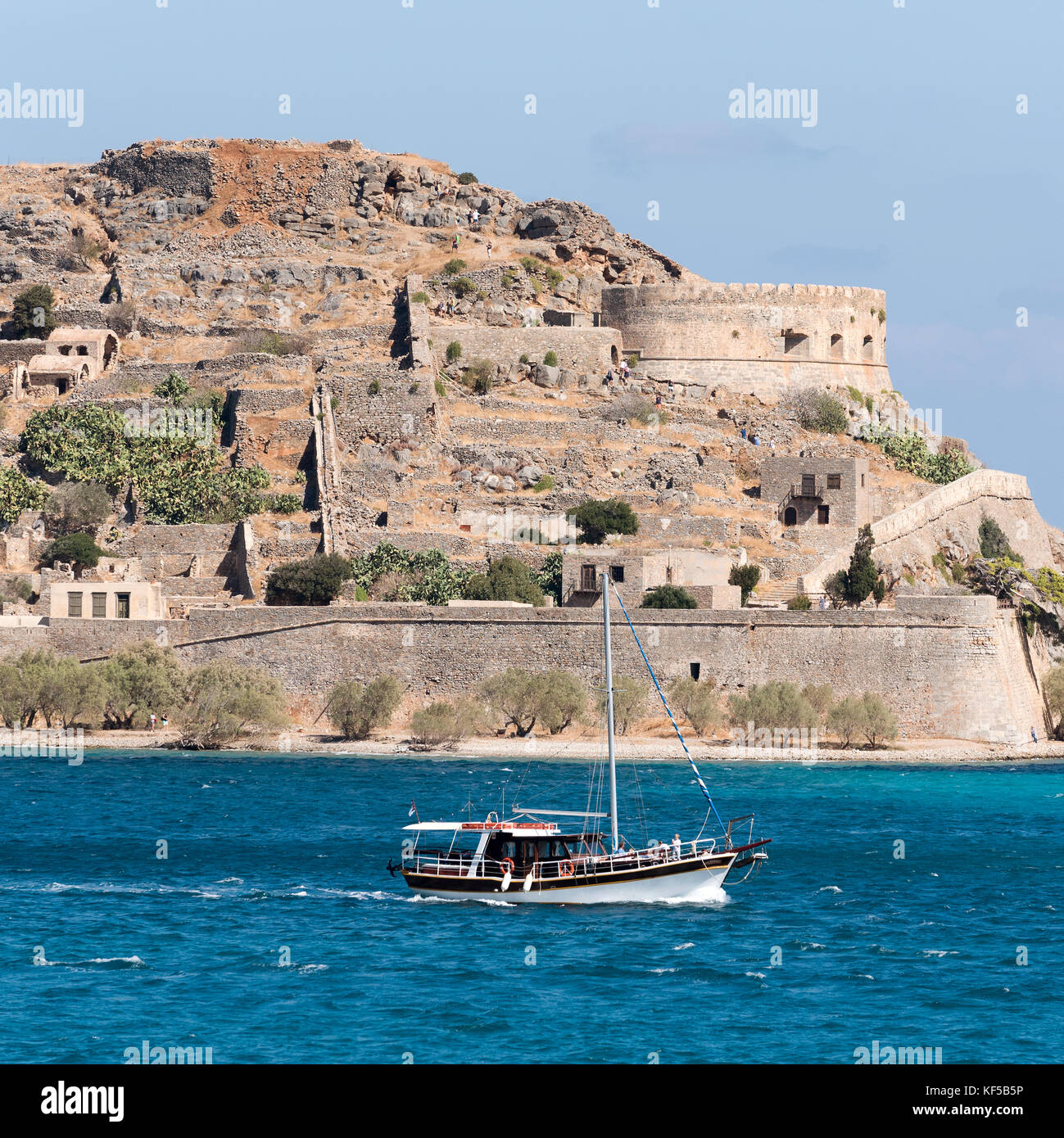 Spinalonga Island, Crete, Greece. October 2017, Tourist boat the former ...