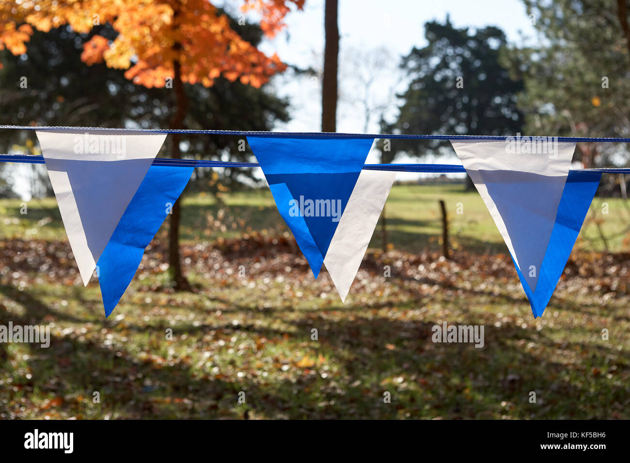 Strands of colorful triangular blue and white bunting hanging outdoors ...