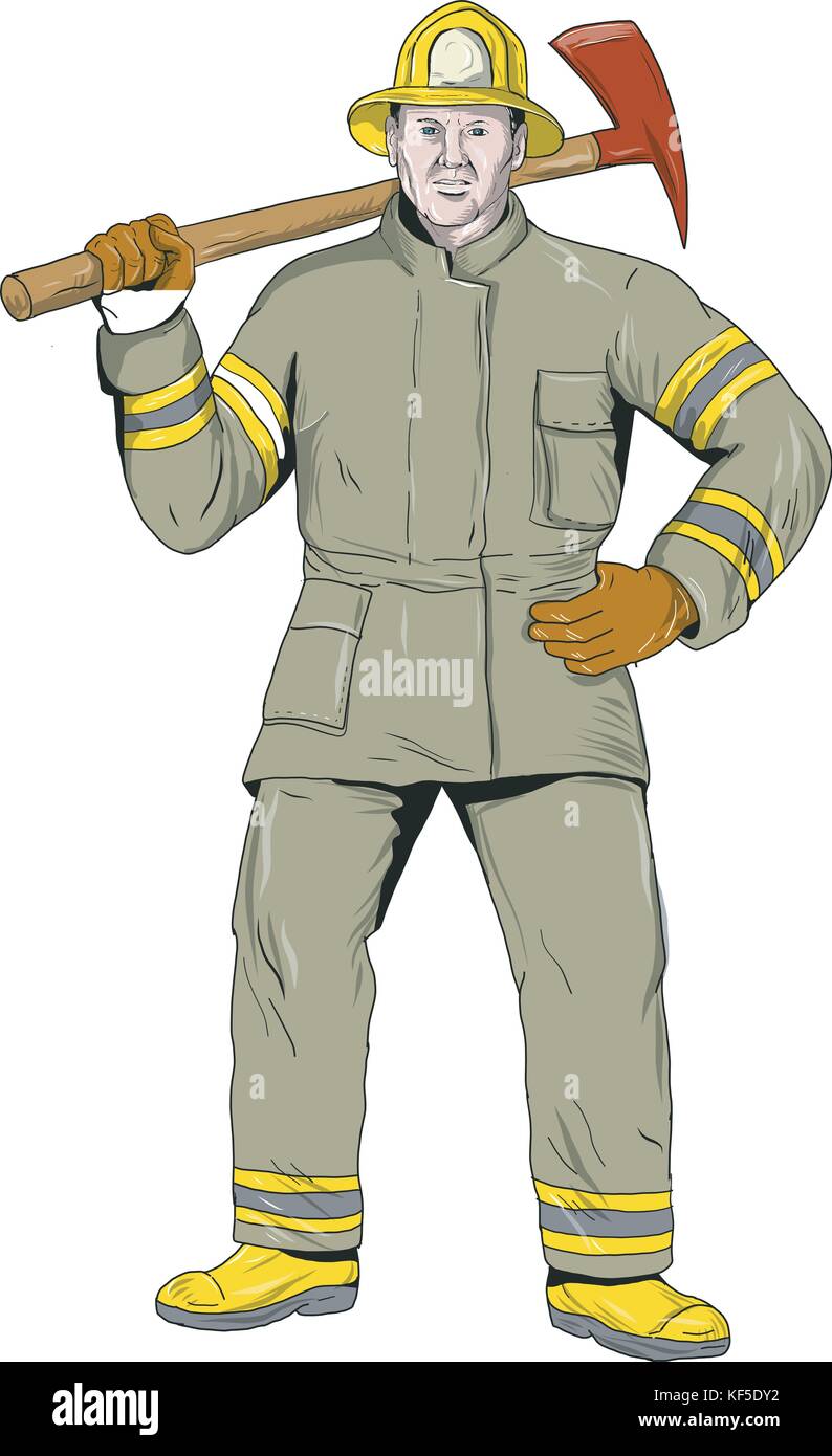 Drawing sketch style illustration of an American Firefighter fireman ...
