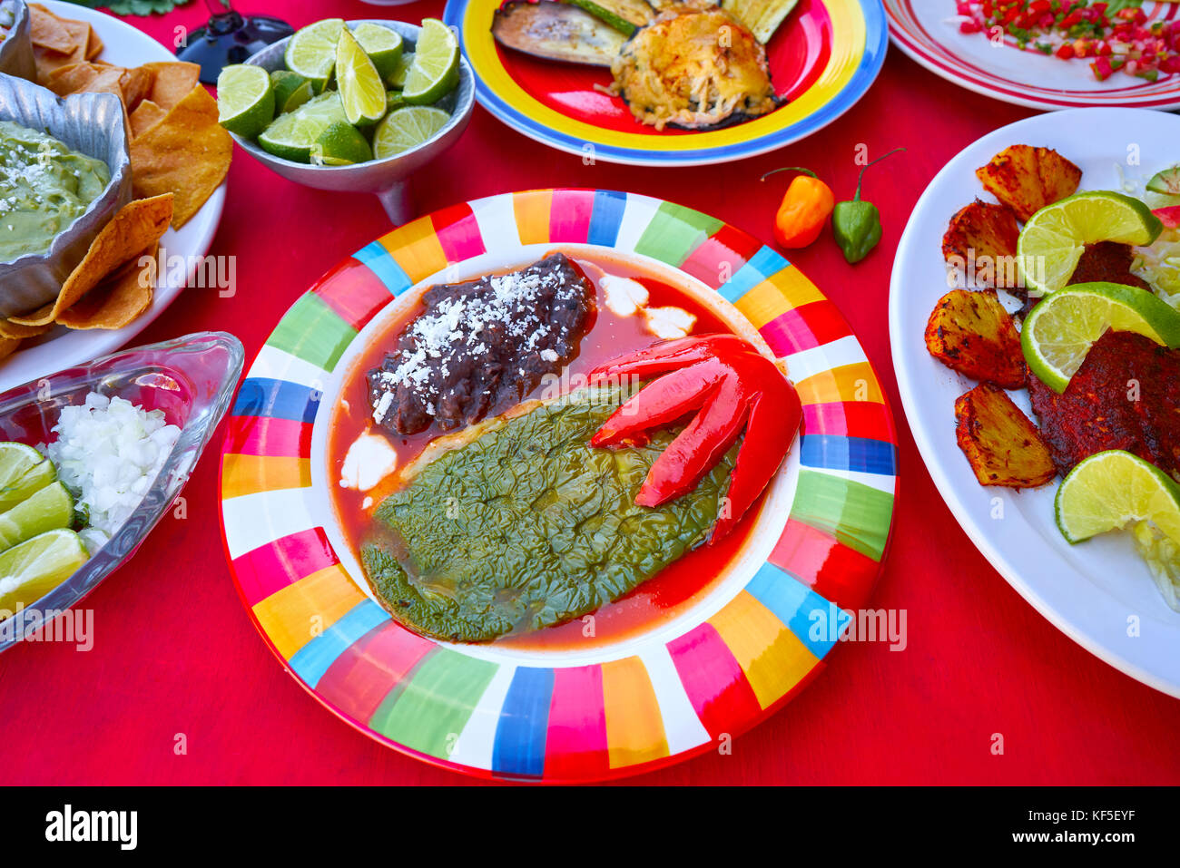 Mexican recipes mix on a colorful table with sauces from Mexico Stock ...