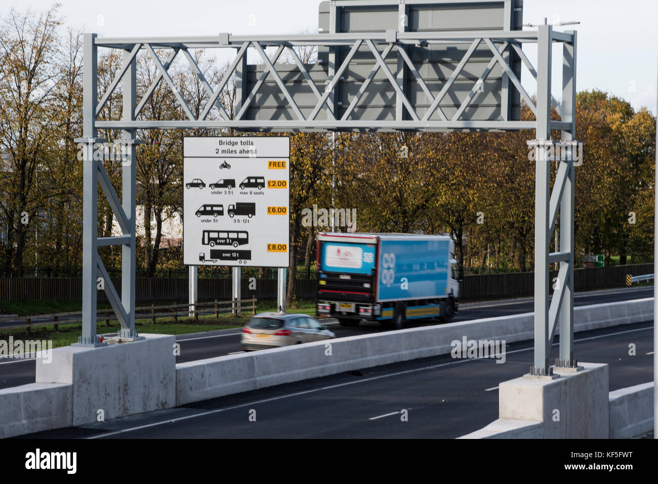 Mersey Gateway toll bridge approach road with traffic heading to and ...