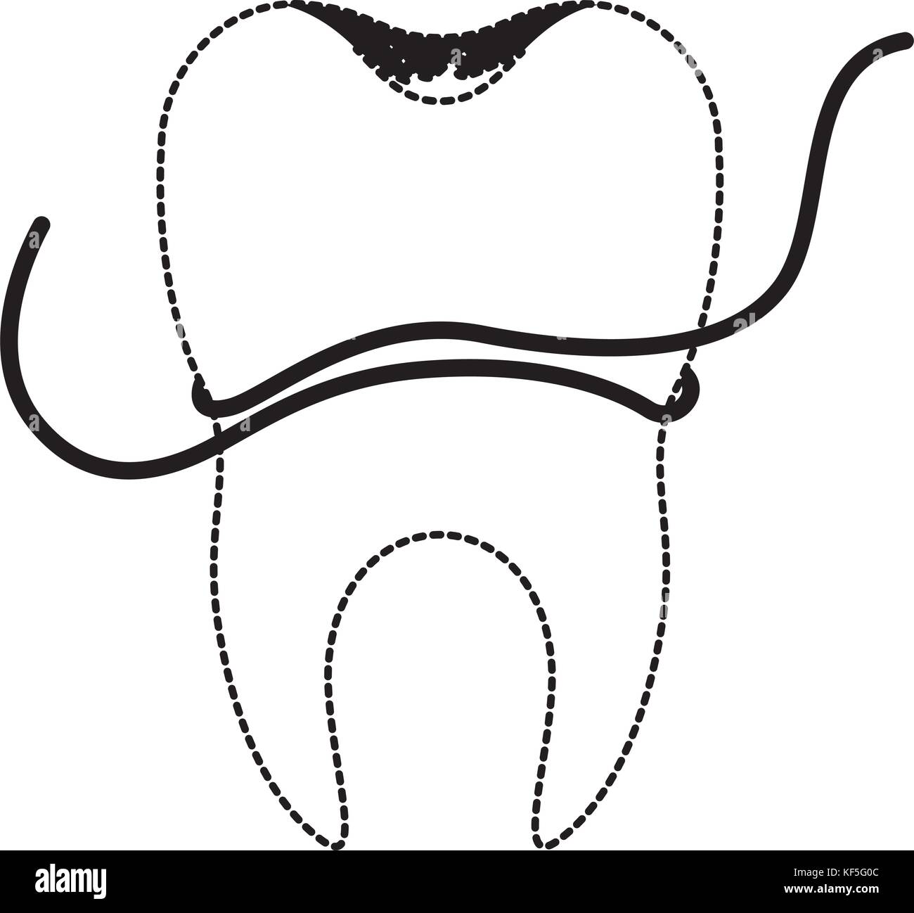 tooth with root and dental floss around in black dotted silhouette ...