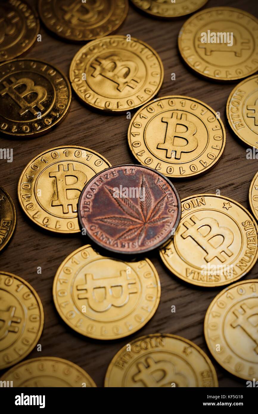 Digital currency physical metal bitcoin coin on the gold money ...