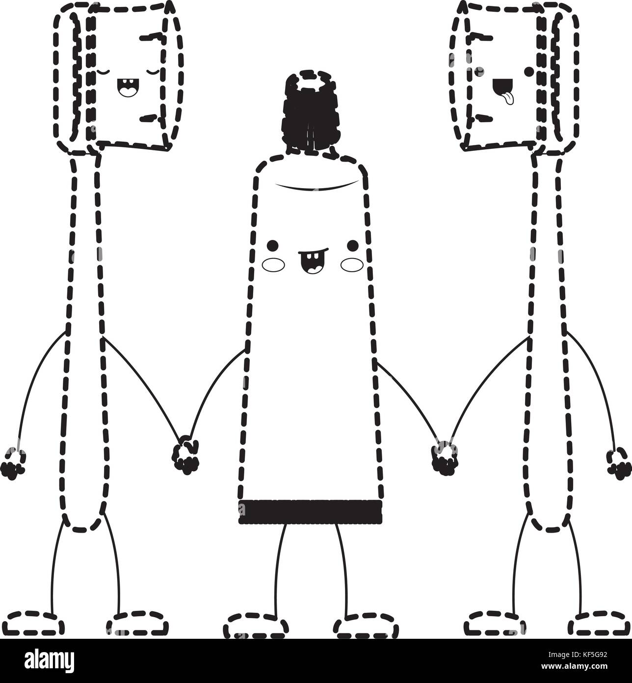 cartoon couple toothbrushes and toothpaste in black dotted silhouette ...