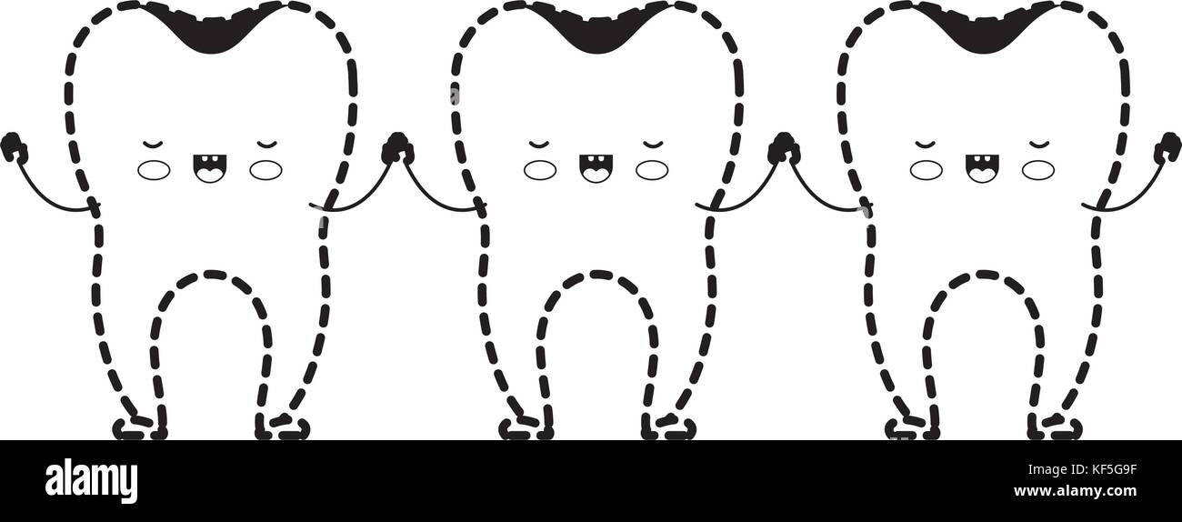 teeth cartoon holding hands in black dotted silhouette Stock Vector ...
