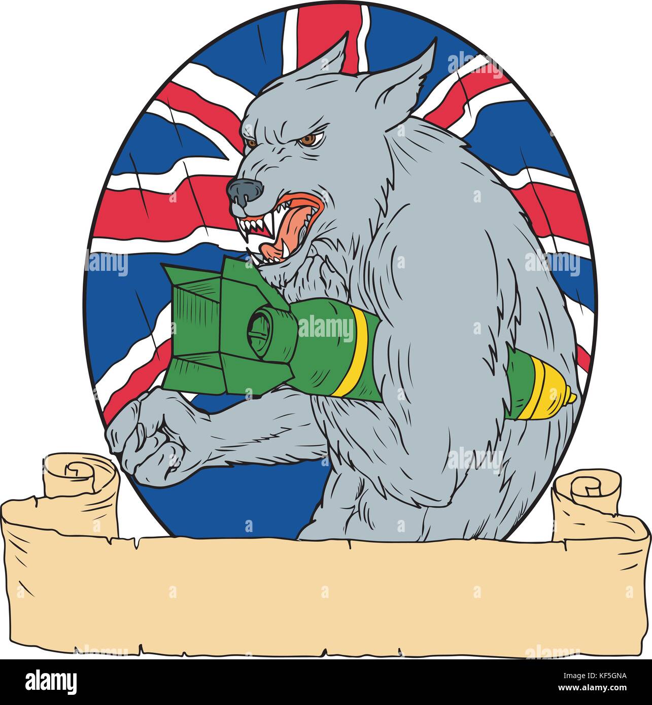 Drawing sketch style illustration of an angry British Grey Wolf Holding ...