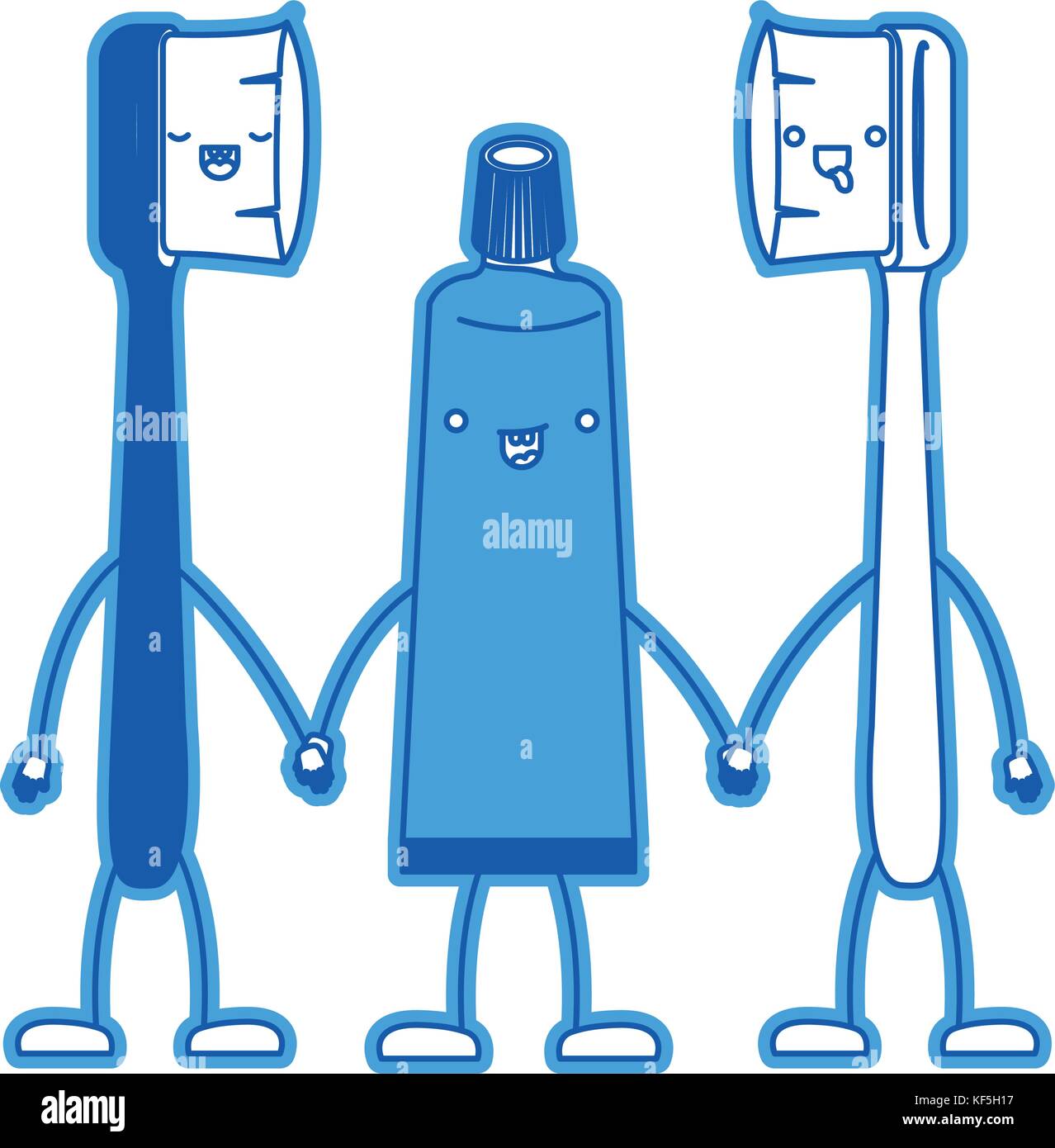 cartoon couple toothbrushes and toothpaste in blue silhouette Stock ...
