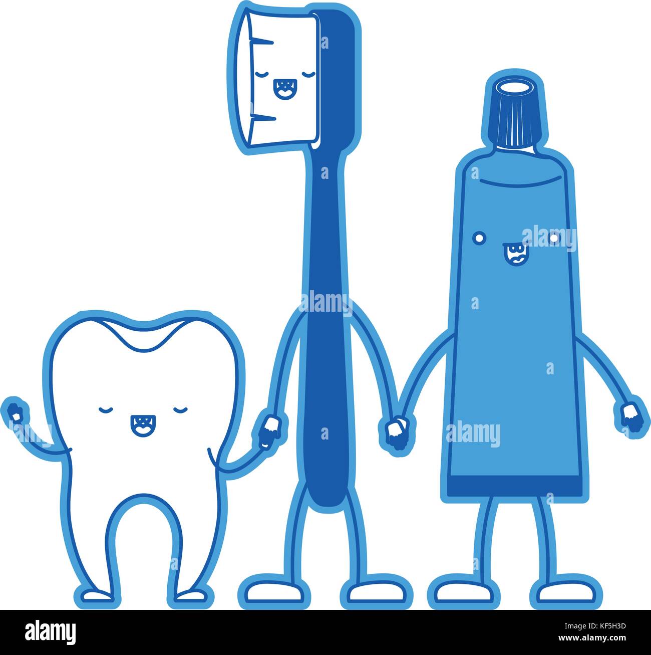 tooth and toothbrush and toothpaste in cartoon holding hands in blue ...