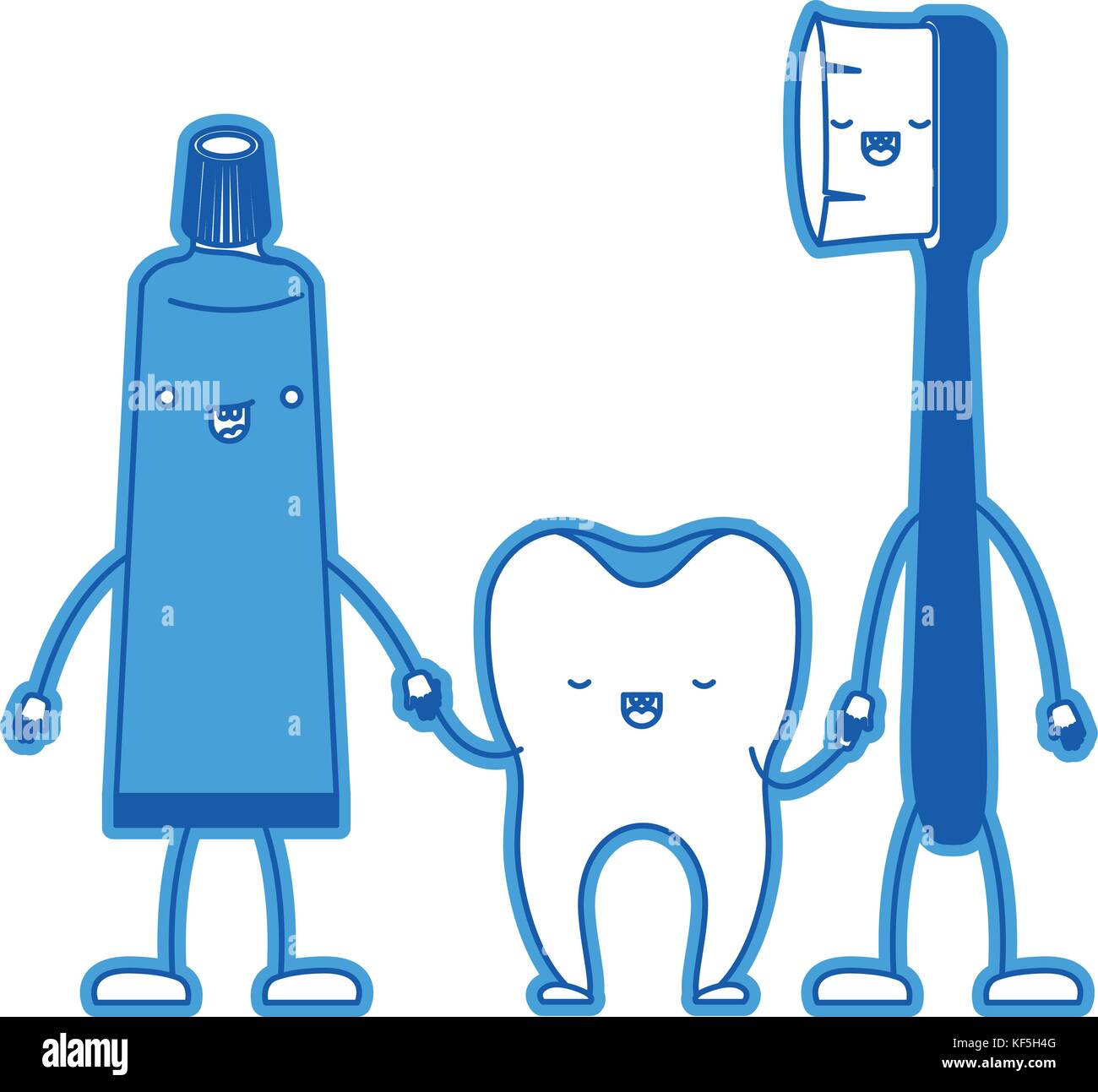 toothpaste and tooth and toothbrush in cartoon holding hands in blue ...