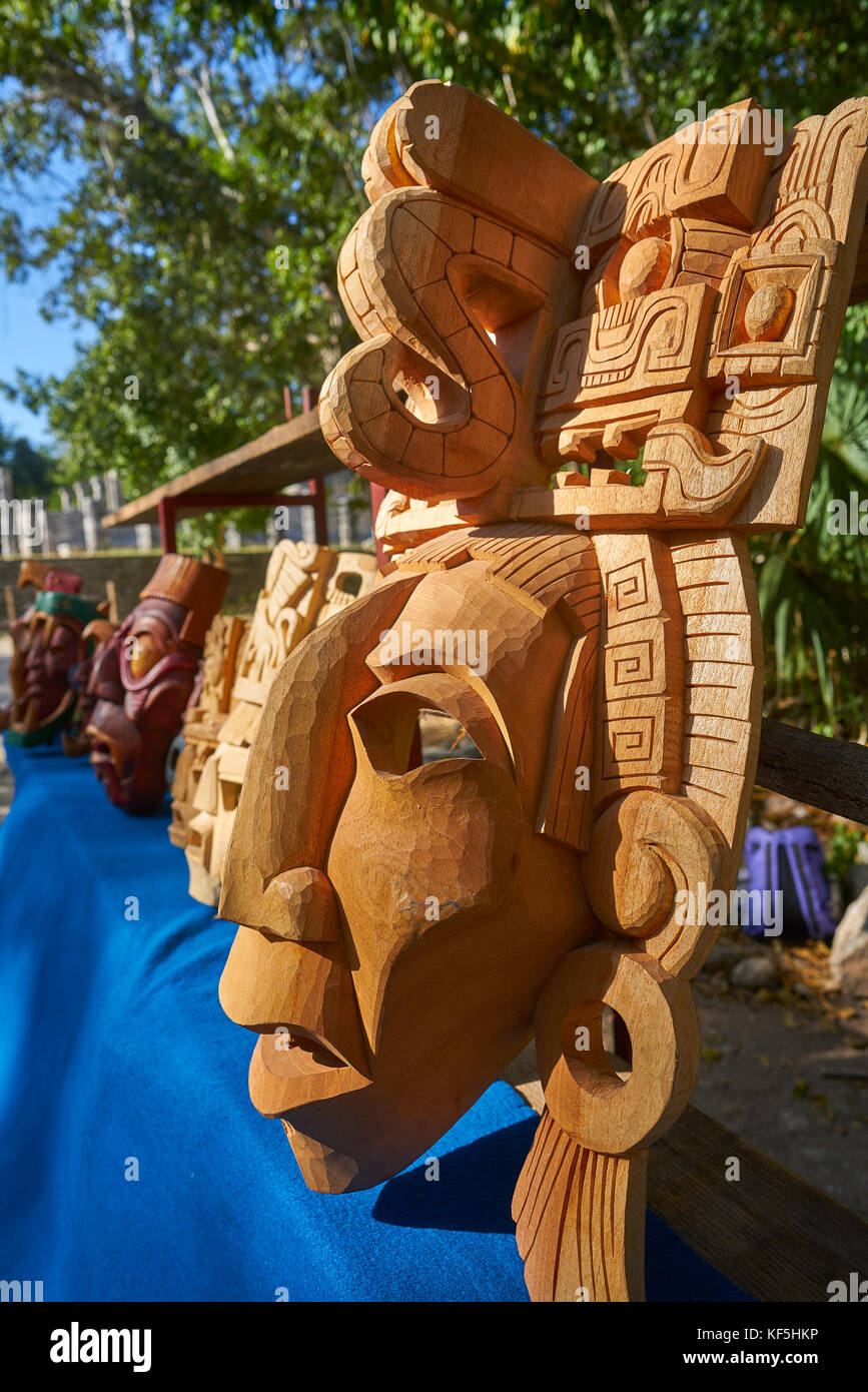 Chichen itza Mayan handcrafted wooden masks in Yucatan Mexico Stock ...