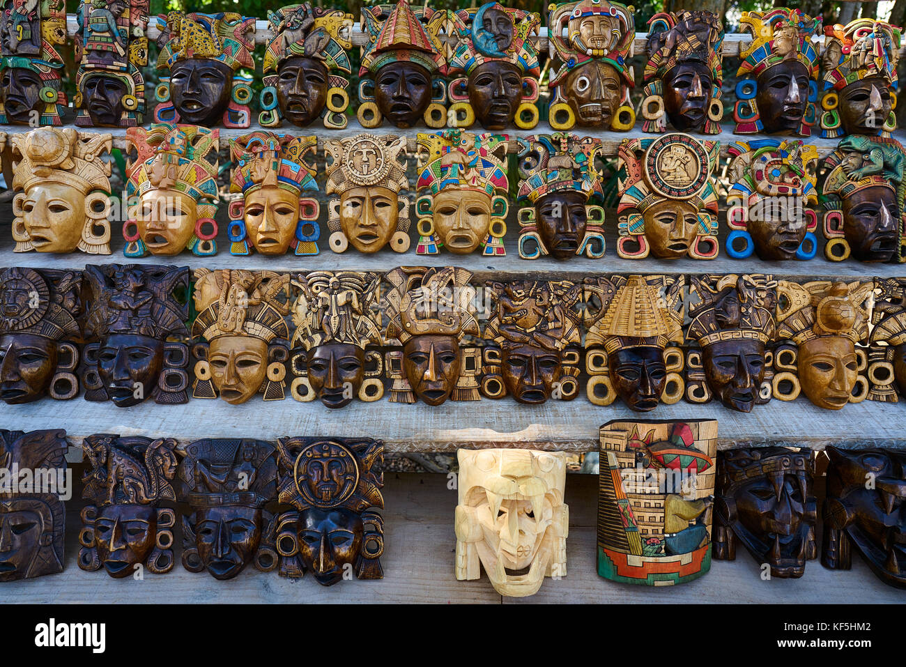 Chichen itza Mayan handcrafted wooden masks in Yucatan Mexico Stock ...