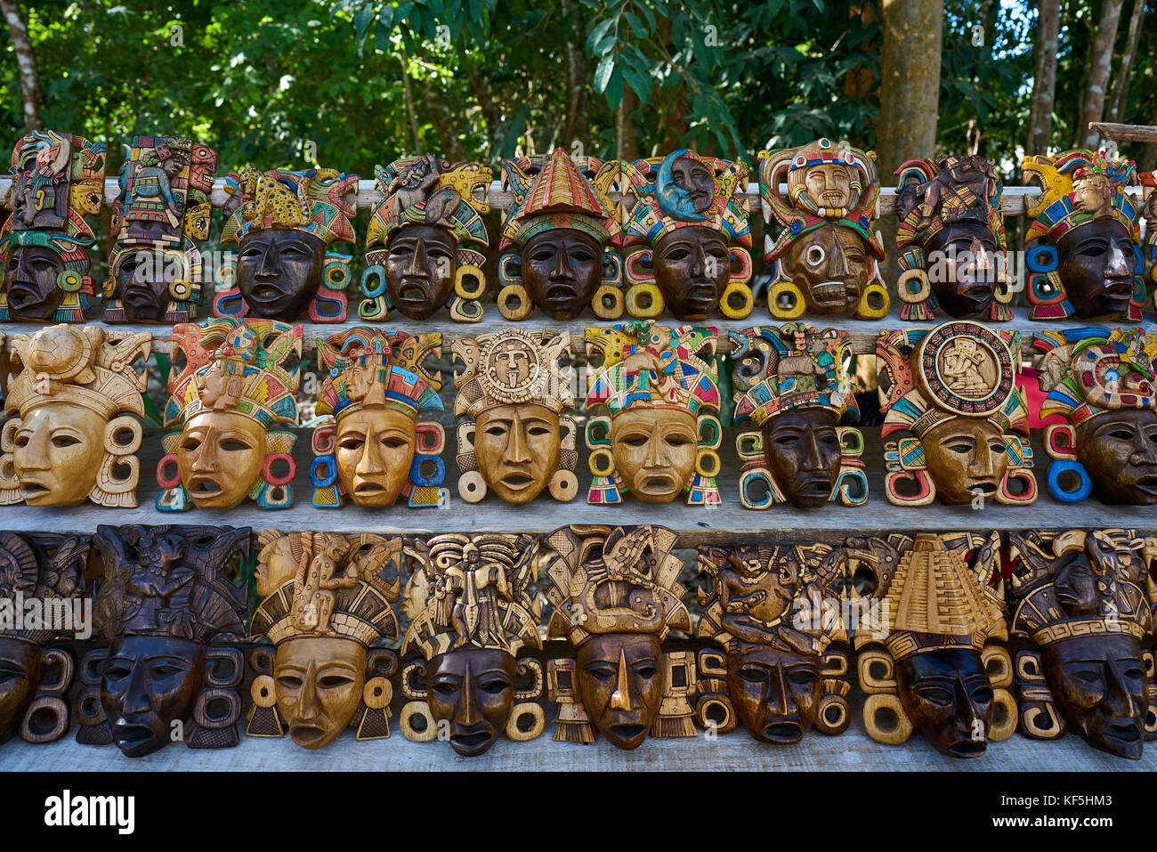 Chichen itza Mayan handcrafted wooden masks in Yucatan Mexico Stock ...