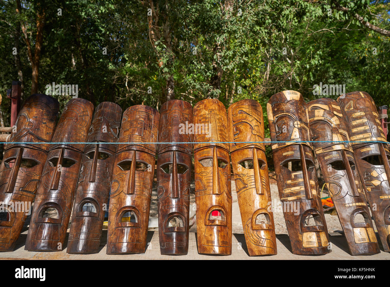 Chichen itza Mayan handcrafted wooden masks in Yucatan Mexico Stock ...