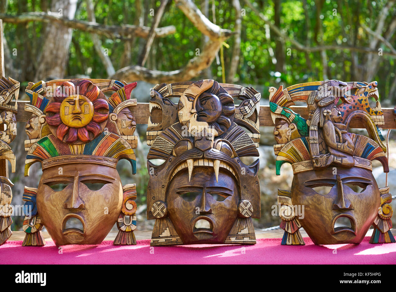 Chichen itza Mayan handcrafted wooden masks in Yucatan Mexico Stock ...