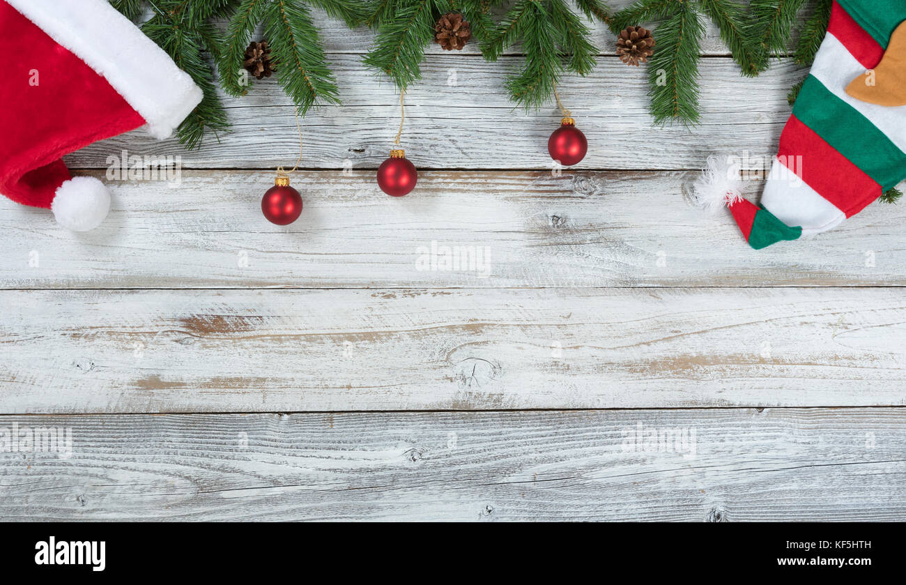 Top border of Christmas decorations on rustic wood Stock Photo - Alamy