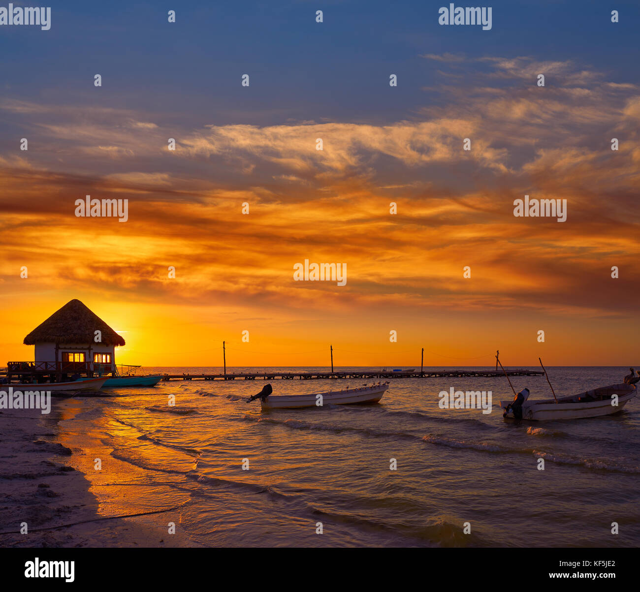 Holbox Island pier palapa sunset beach in Mexico Quintana roo Stock ...