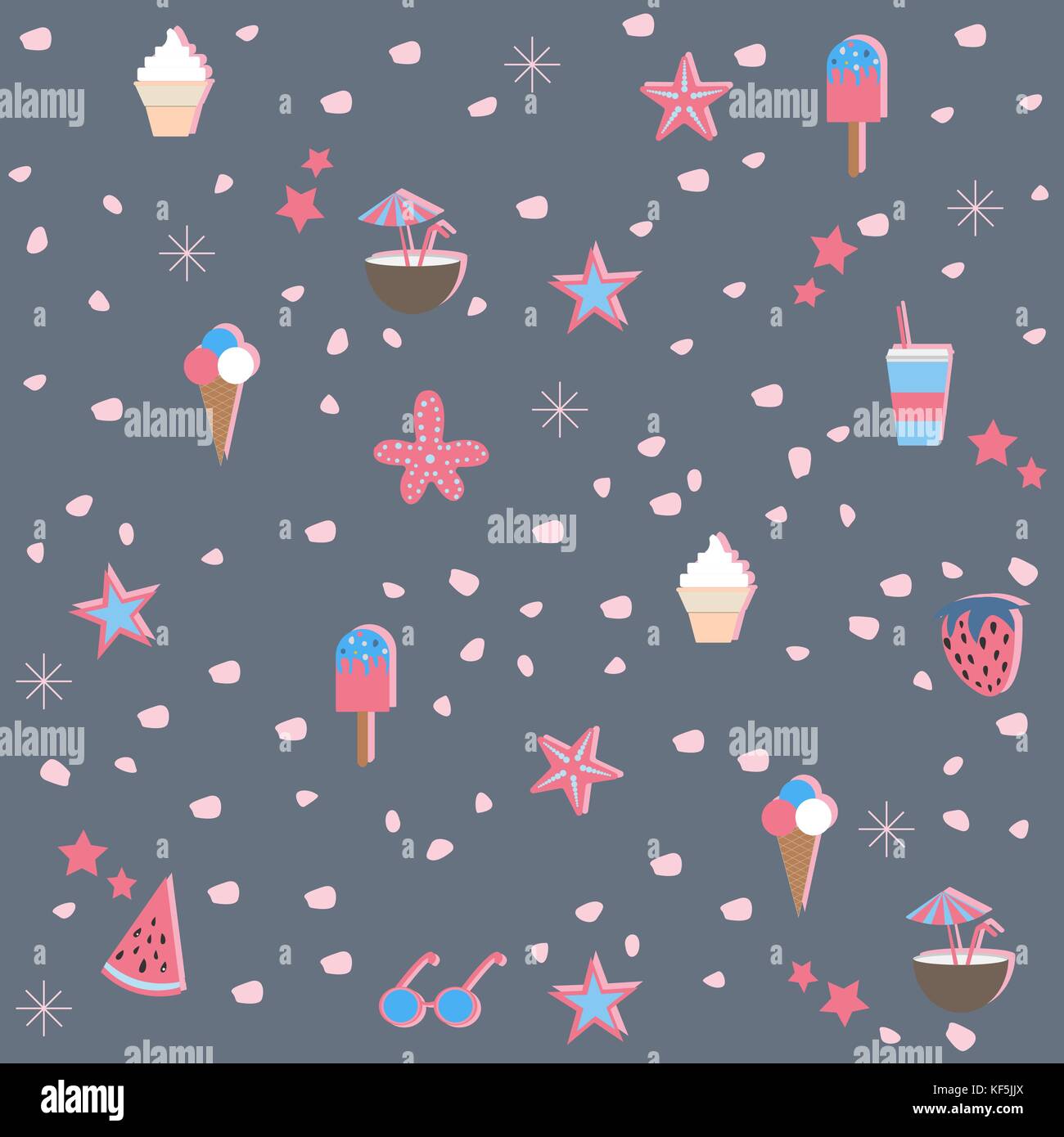 Summer Seamless Pattern. Stylized Summer Elements with shadows. Vector ...