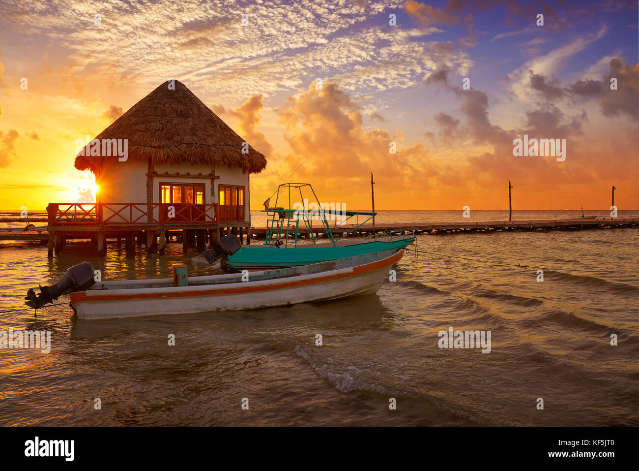 Holbox Island pier palapa sunset beach in Mexico Quintana roo Stock ...