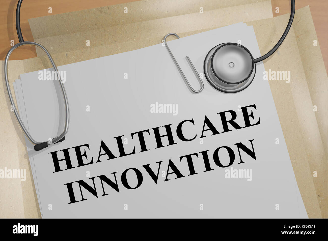 3D illustration of "HEALTHCARE INNOVATION" title on a medical document ...