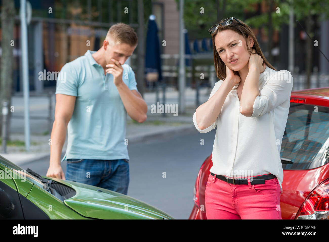 Wounded Young Woman Standing On Street After Car Collision Stock Photo ...