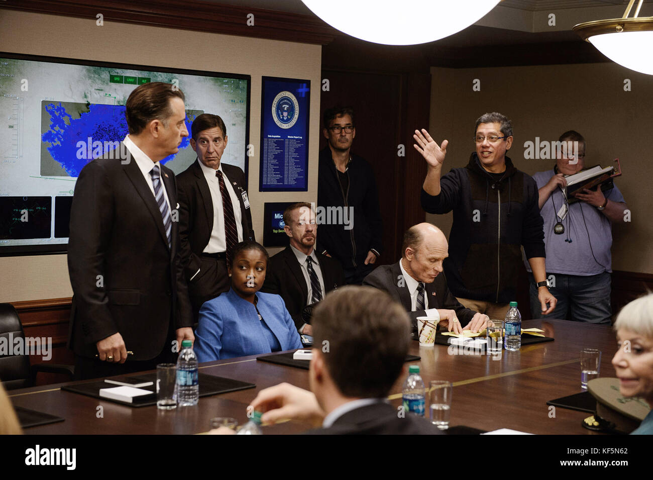 GEOSTORM, Andy Garcia (left), Ed Harris (bald head), director Dean ...