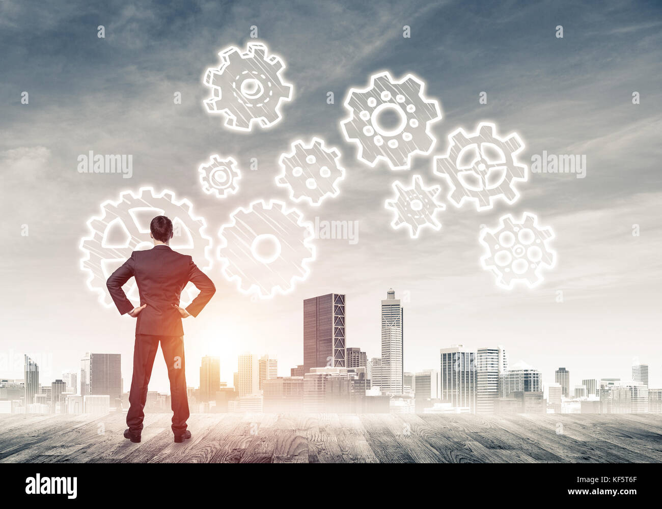 Cogwheel engine drawn on screen as symbol for teamwork and coope Stock ...