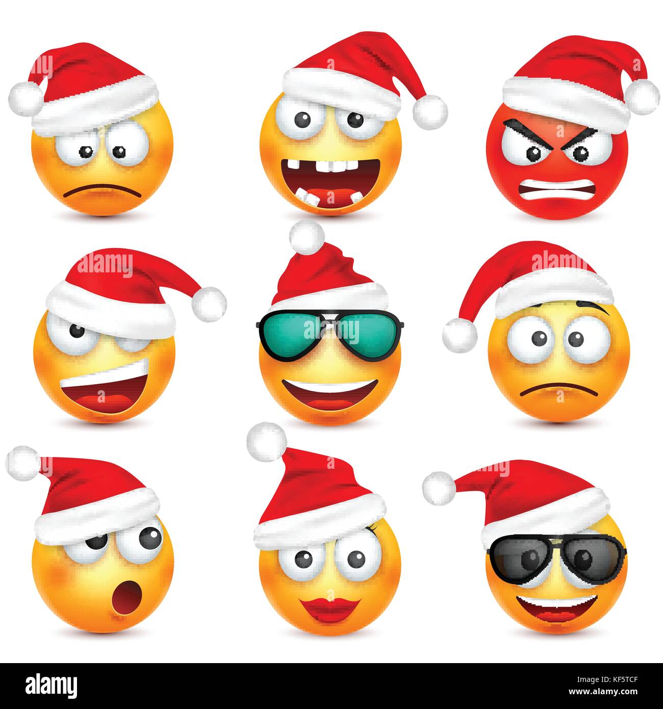Smiley,emoticon set. Yellow face with emotions and Christmas hat. New ...