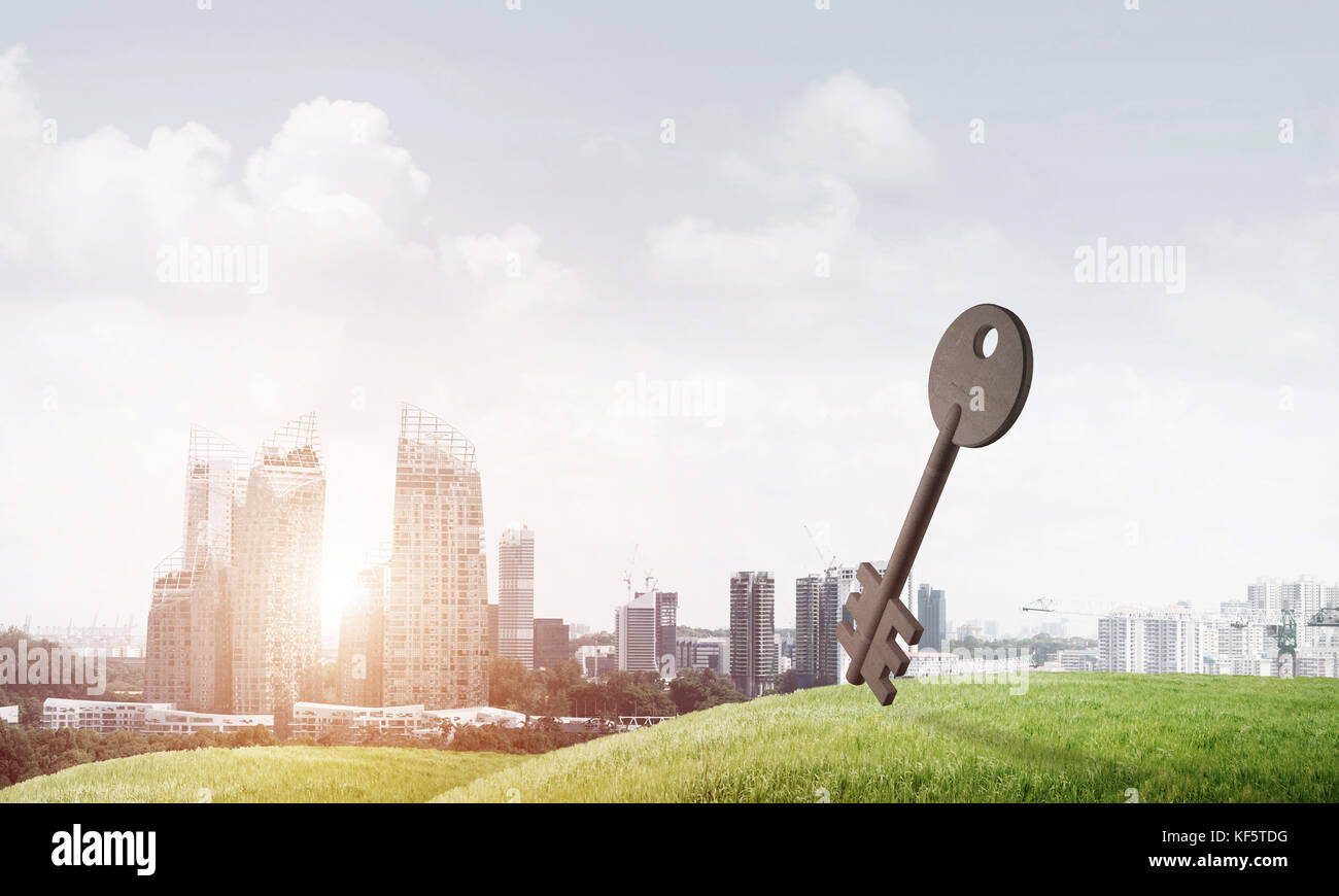 Conceptual background image of concrete key sign and natural landscape ...