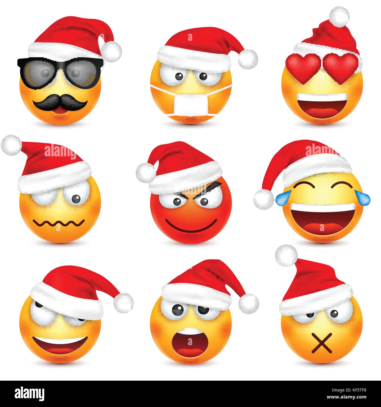 Smiley,emoticon set. Yellow face with emotions and Christmas hat. New ...