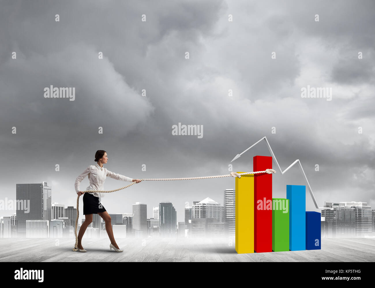 Businesswoman pulling arrow with rope and making it raise up Stock ...