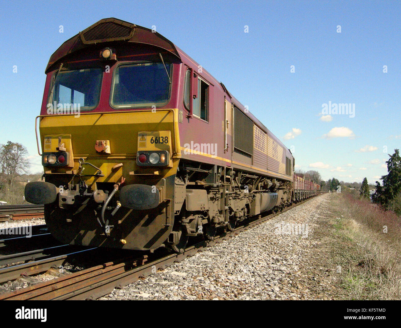 Class 66 locomotive on a short freight train near Basingstoke, England ...
