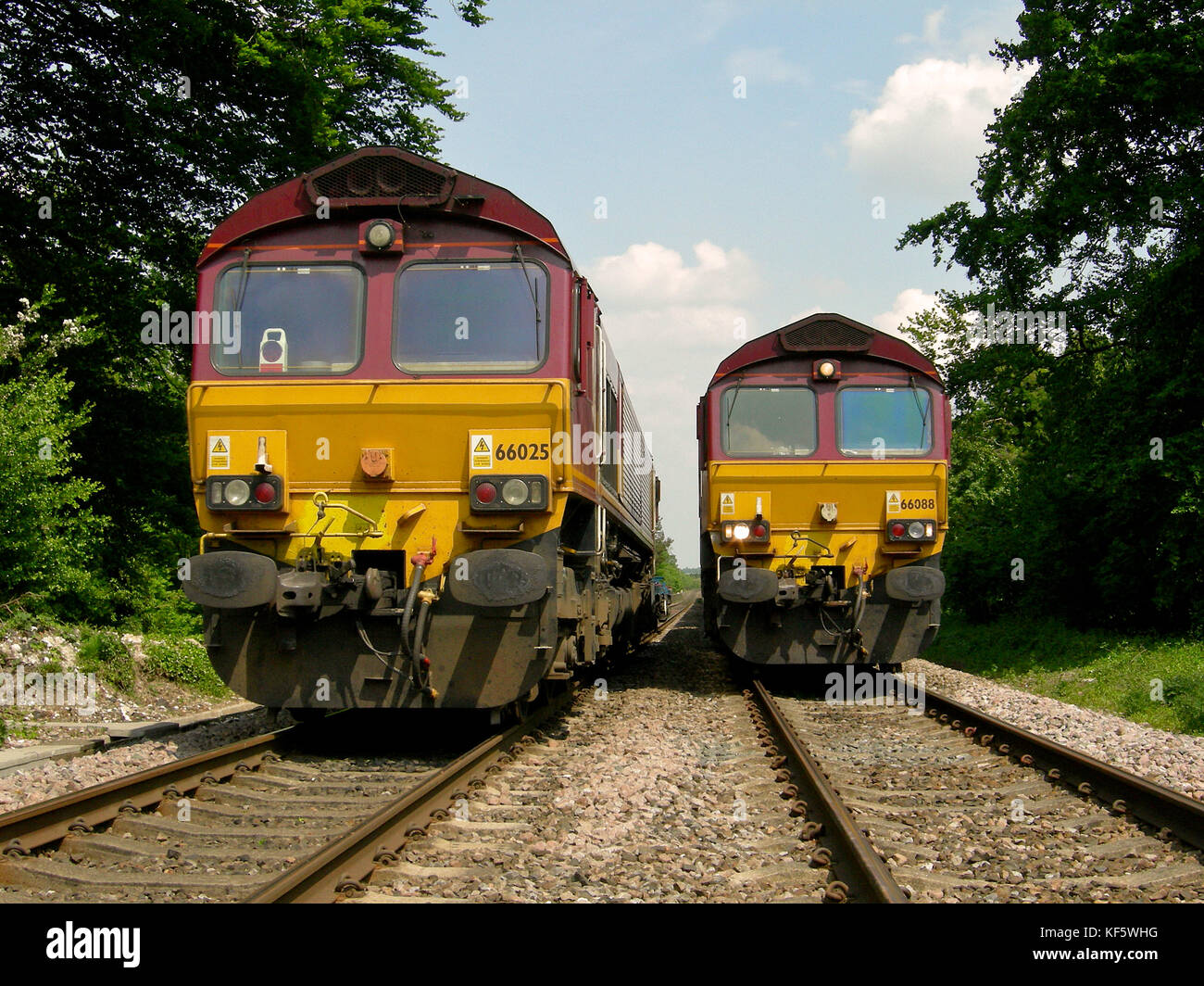 Two Class 66 locomotives on engineering trains Stock Photo - Alamy