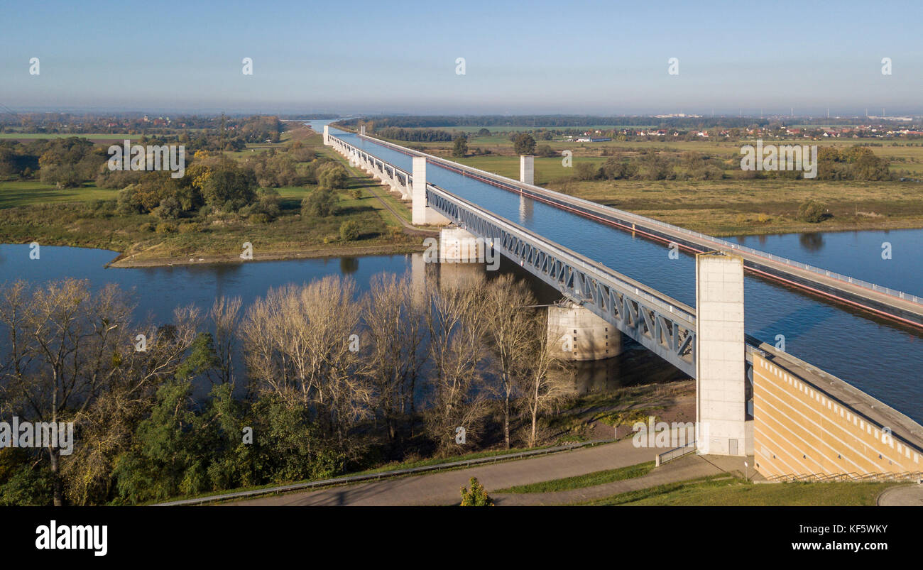 Aerial view of Magdeburg Water Bridge, largest navigable aqueduct in ...