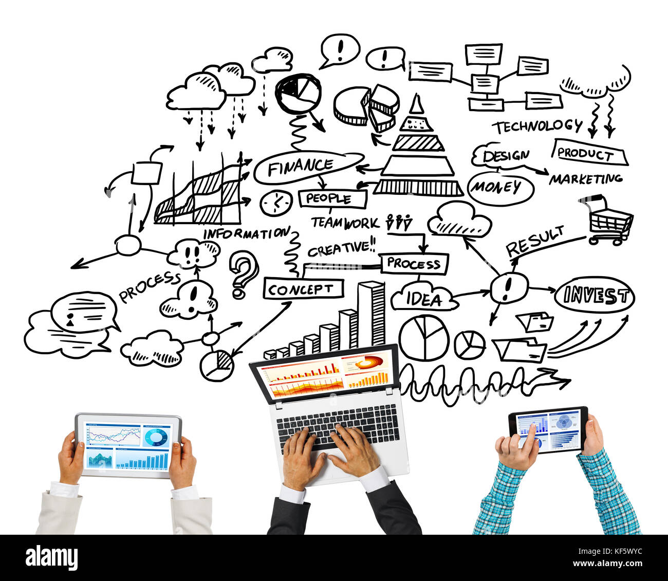 Top view of businesspeople using gadgets on white background Stock ...