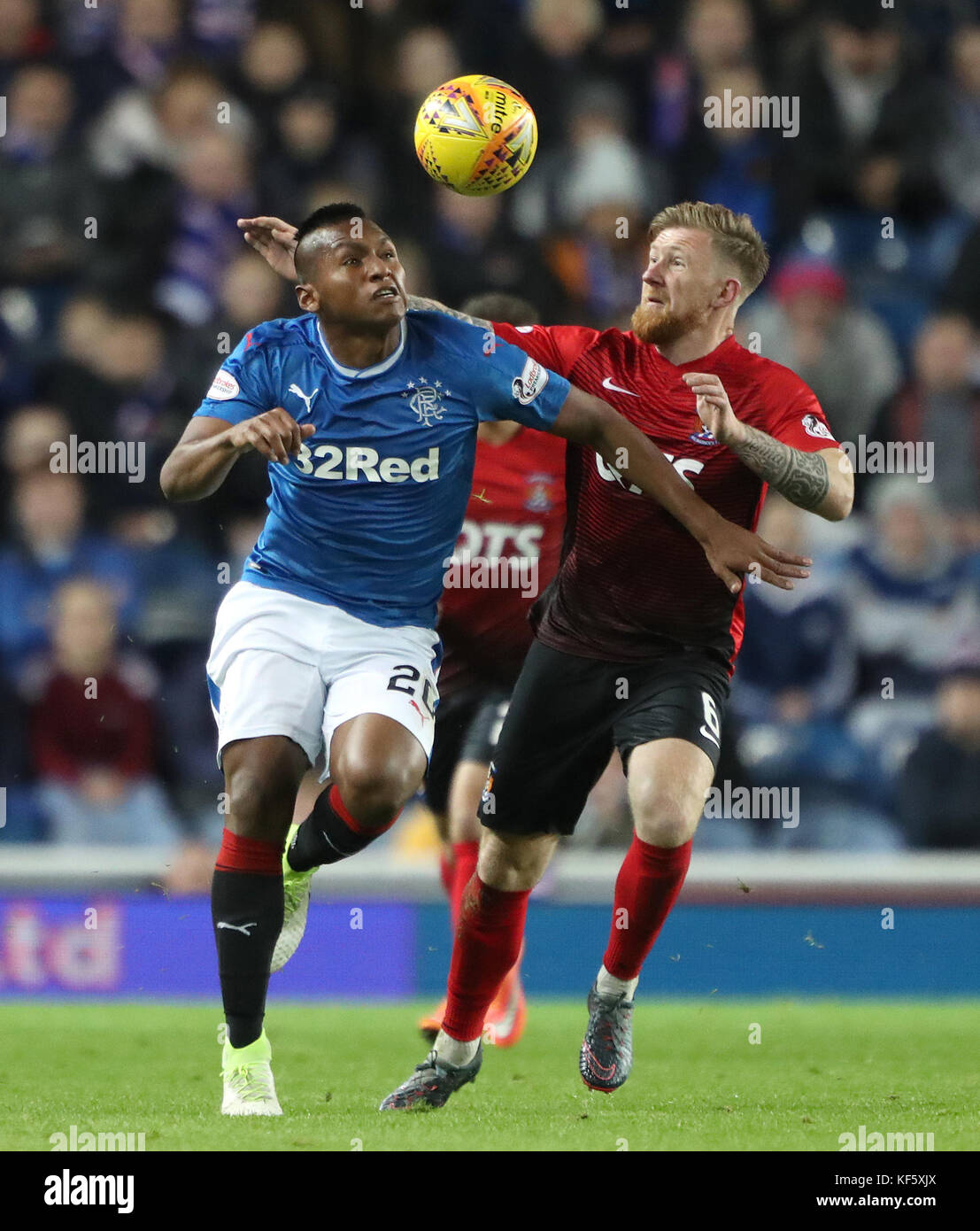 Rangers Alfredo Morelos (left) challenges Kilmarnock's Alan Power ...