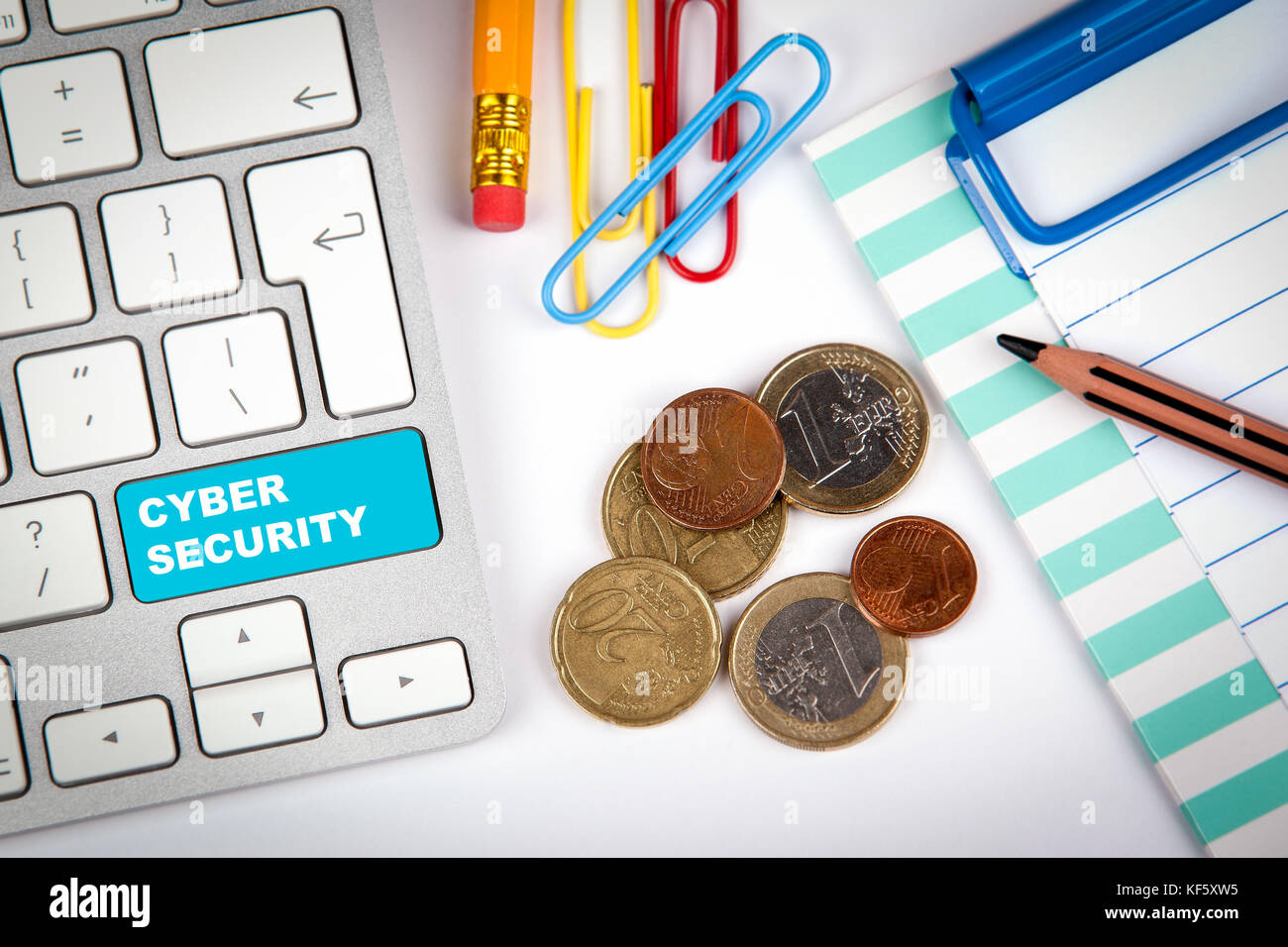 Cyber Security concept. Computer keyboard on a white office desk with ...