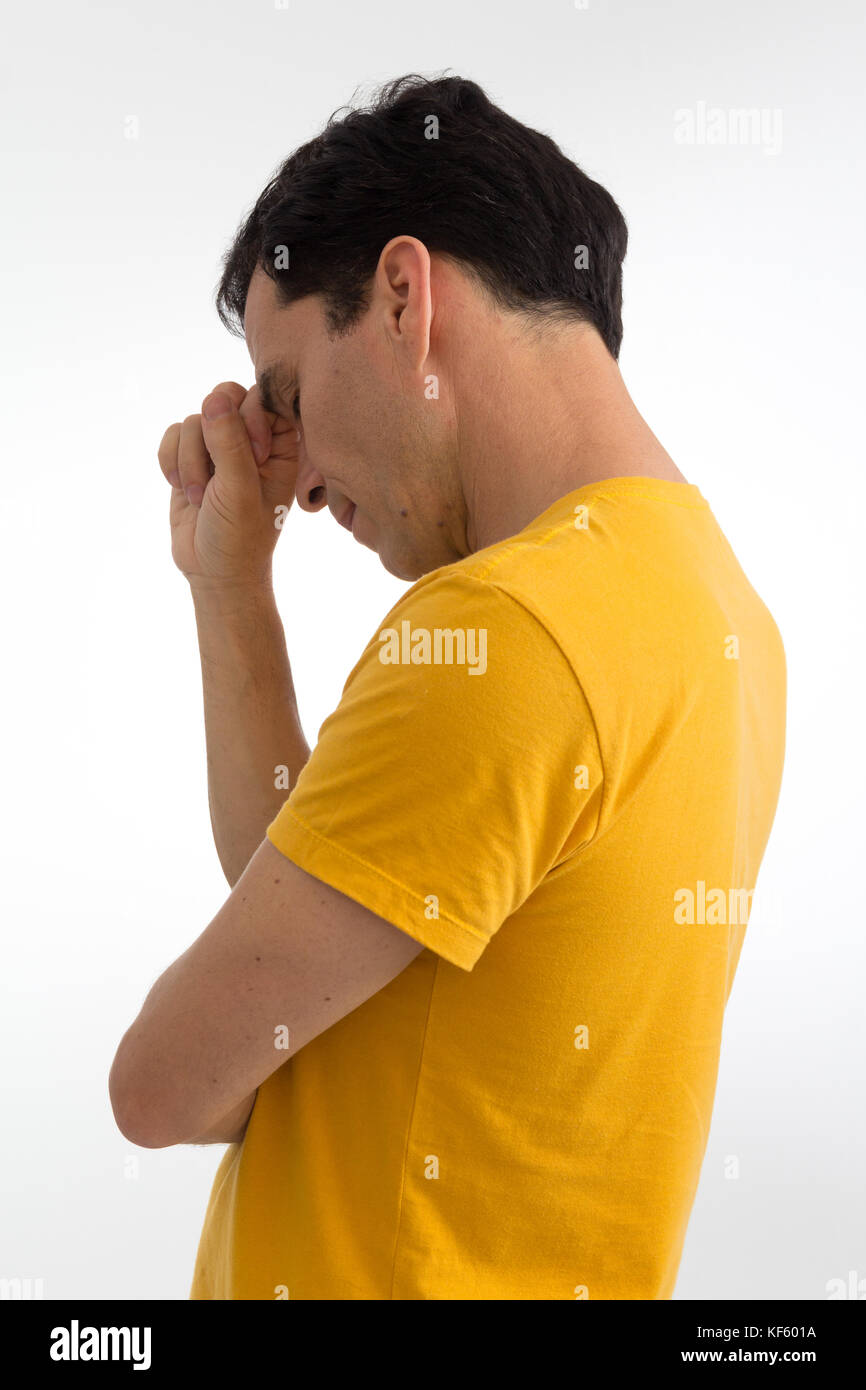 Disappointment. Sadness. Man is pensive. Defeat. With his hand on his ...