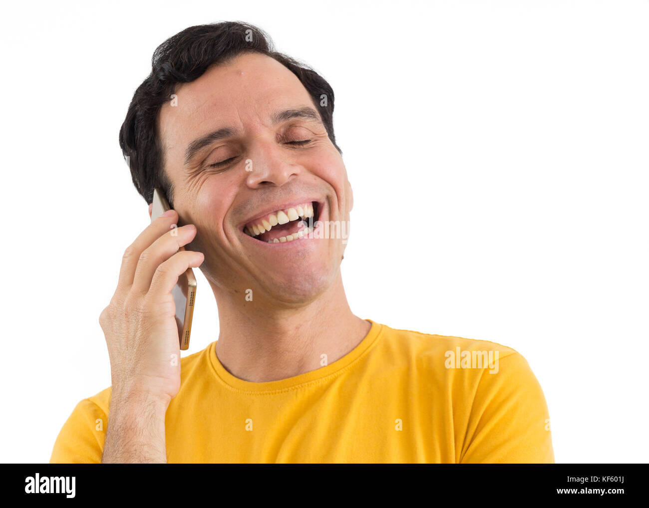 Radiant man talks on cell phone. Laugh. Good conversation ...