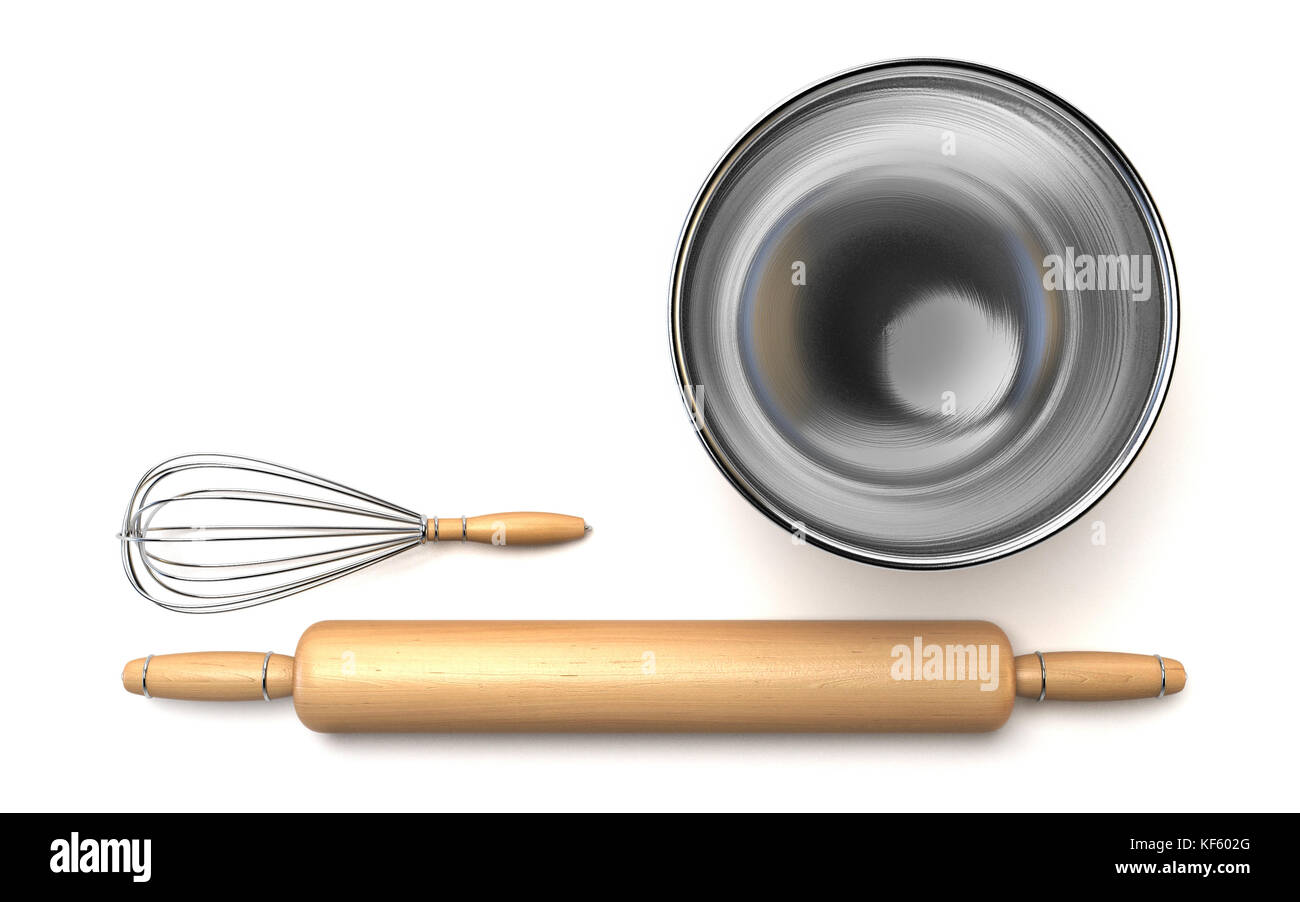 Wire whisk, wooden rolling pin and chrome bowl Top view 3D render ...