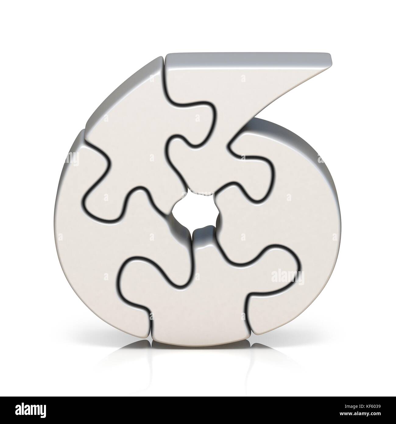 White puzzle jigsaw number SIX 6 3D render illustration isolated on ...