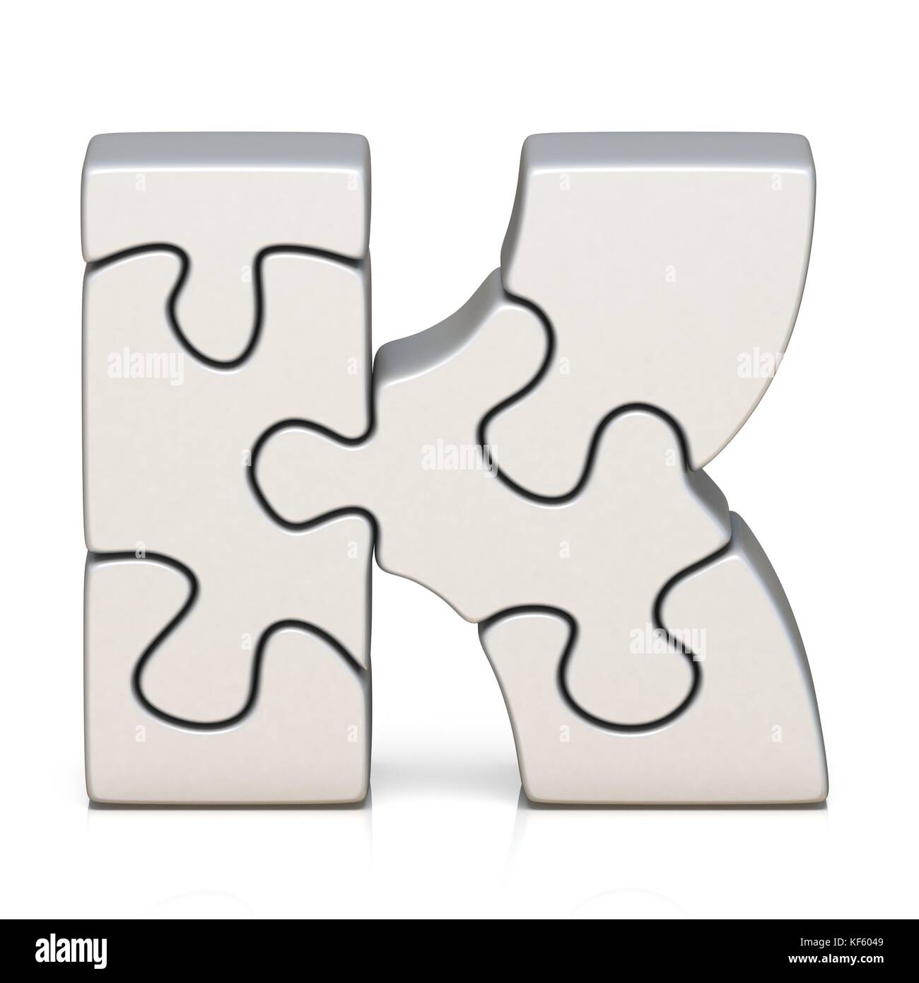 White puzzle jigsaw letter K 3D render illustration isolated on white ...