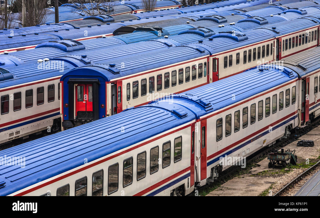 Trains with blue roofs Stock Photo - Alamy