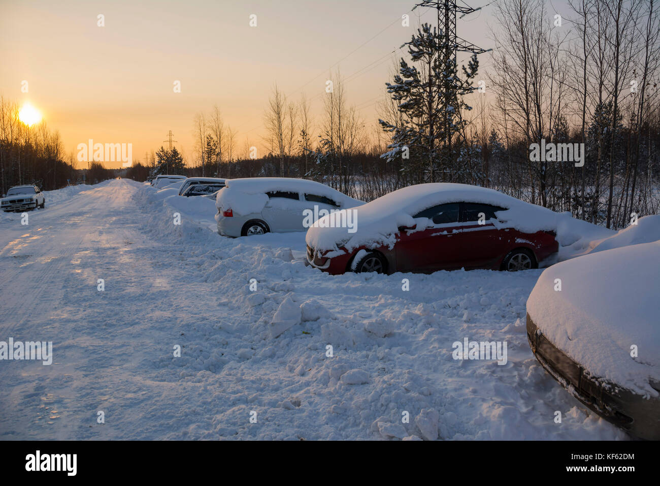 Cars covered by snow on the road in the woods Stock Photo - Alamy