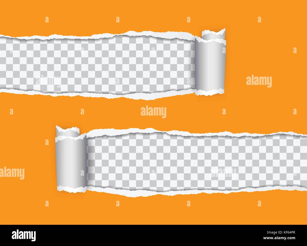 Set vector realistic illustration of orange torn paper with rolled edge ...