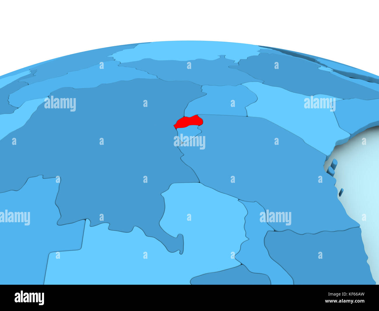 Map of Rwanda in red on blue political globe. 3D illustration Stock ...