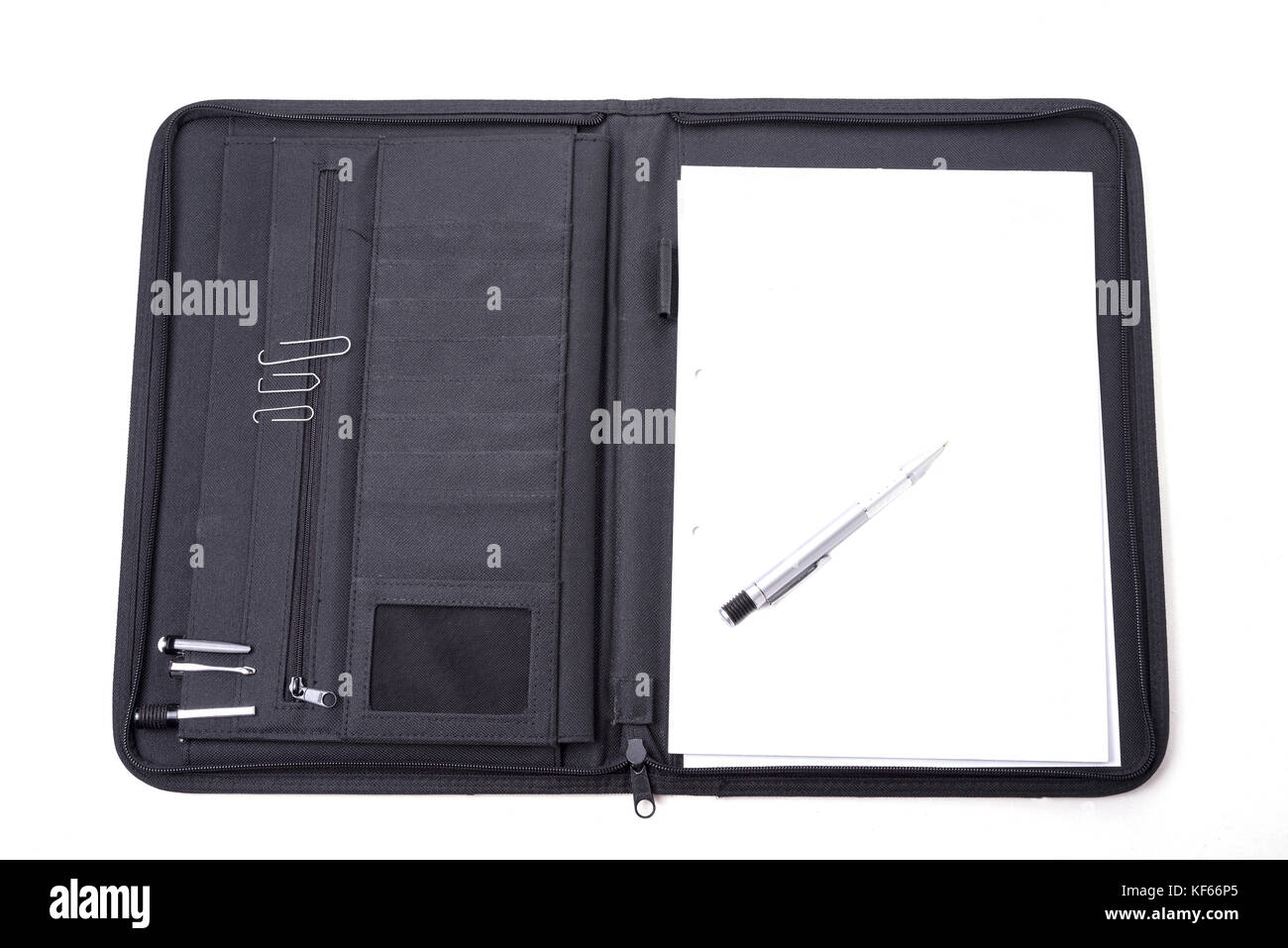 Open notepad carrying case with the pen on wthite background Stock ...