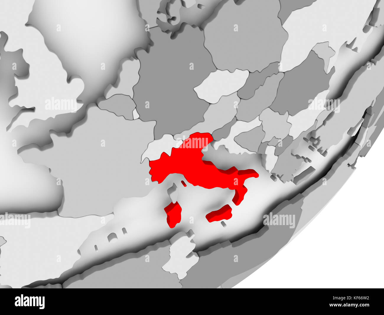 Illustration of Italy highlighted in red on grey globe. 3D illustration ...