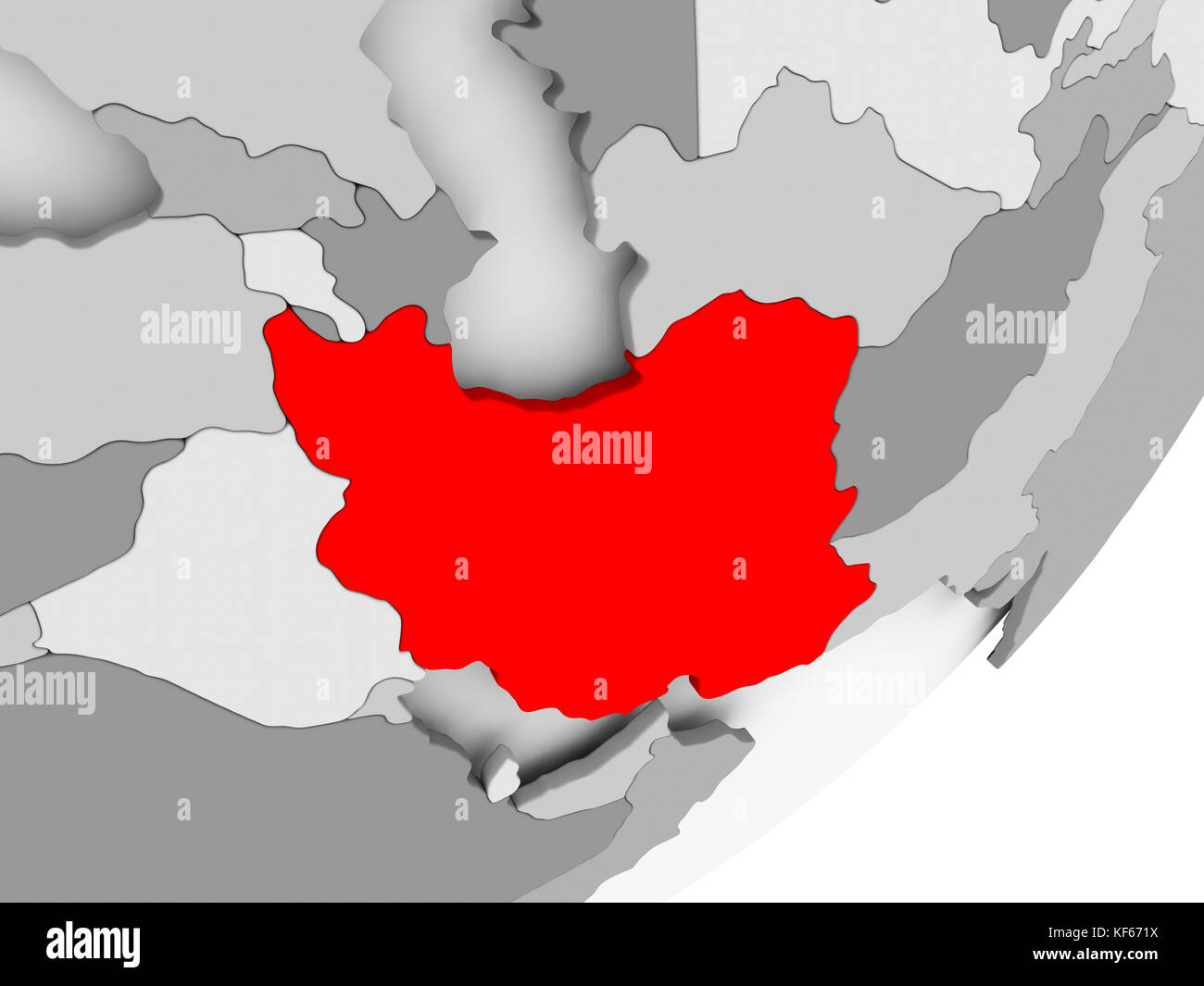 Illustration of Iran highlighted in red on grey globe. 3D illustration ...