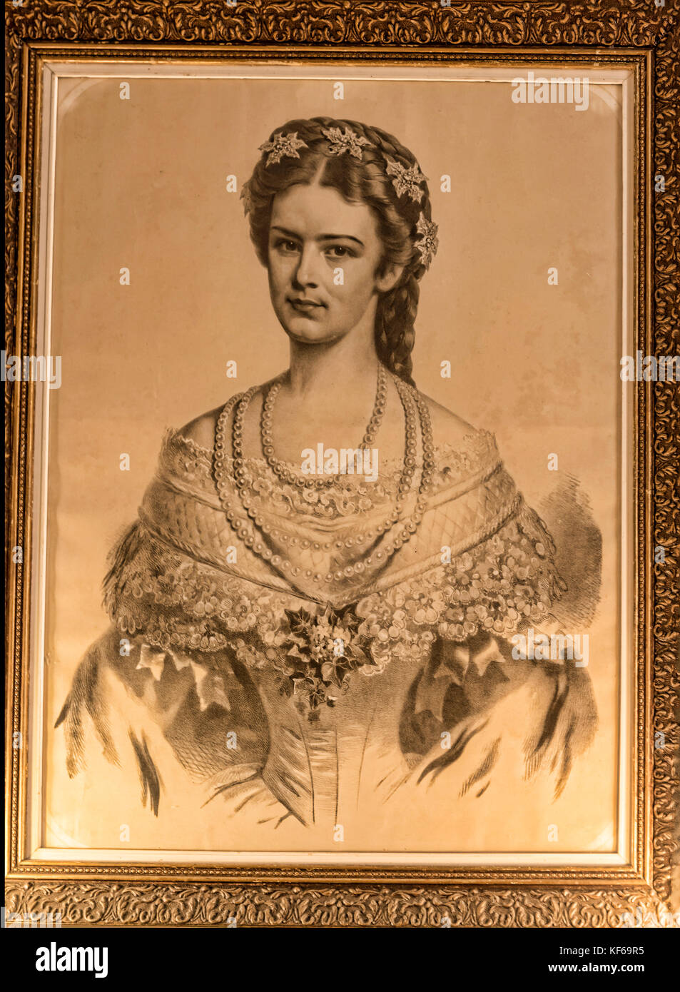 etching of portrait of Sissi in theAchillieon Palace on the island of ...