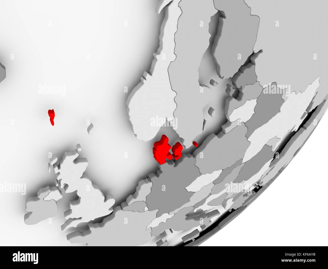 Illustration of Denmark highlighted in red on grey globe. 3D illustration Stock Photo - Alamy